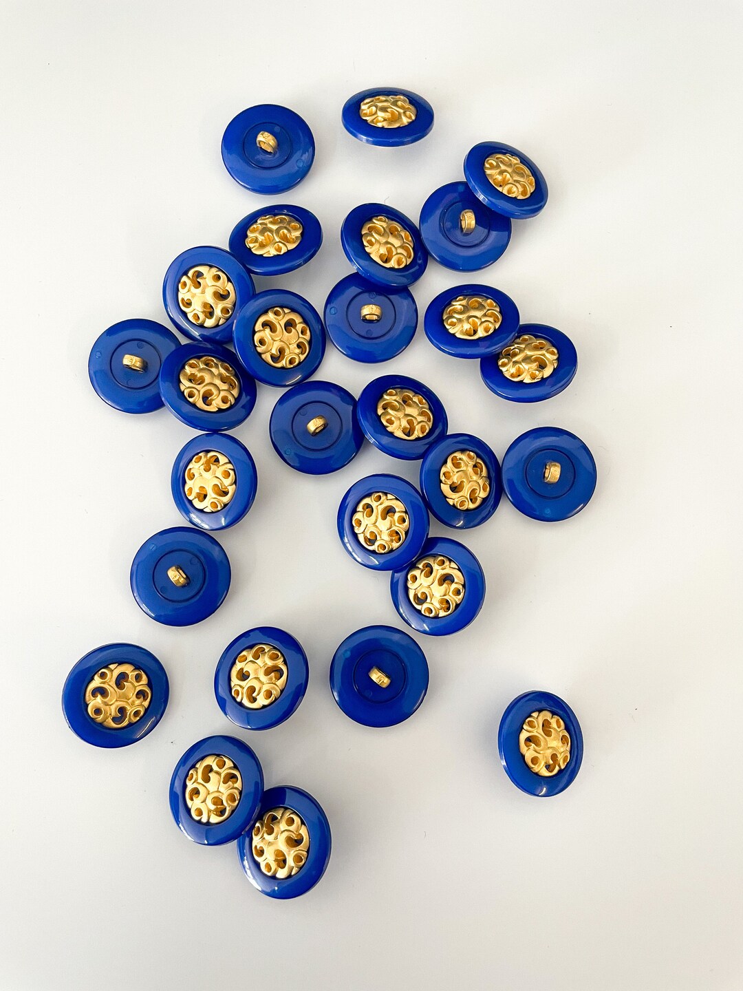Set of 9 Blue and Gold Buttons, Shank, Lightweight Plastic Button Set ...