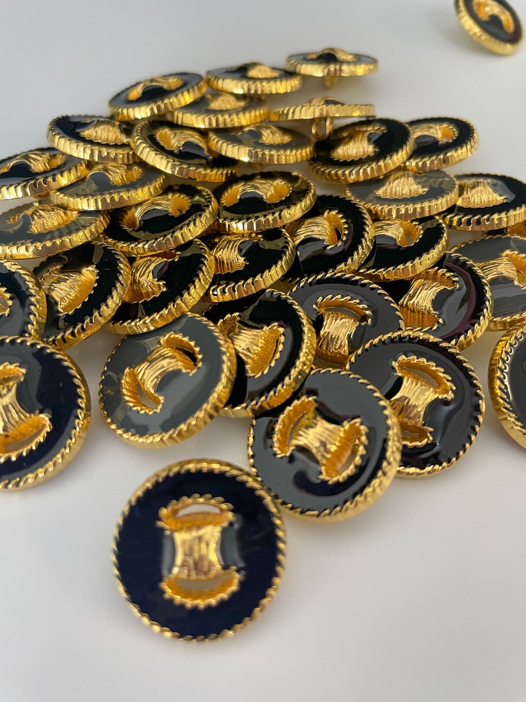 Set of 12 Black and Gold Buttons, Shank, Round Circular Buttons ...