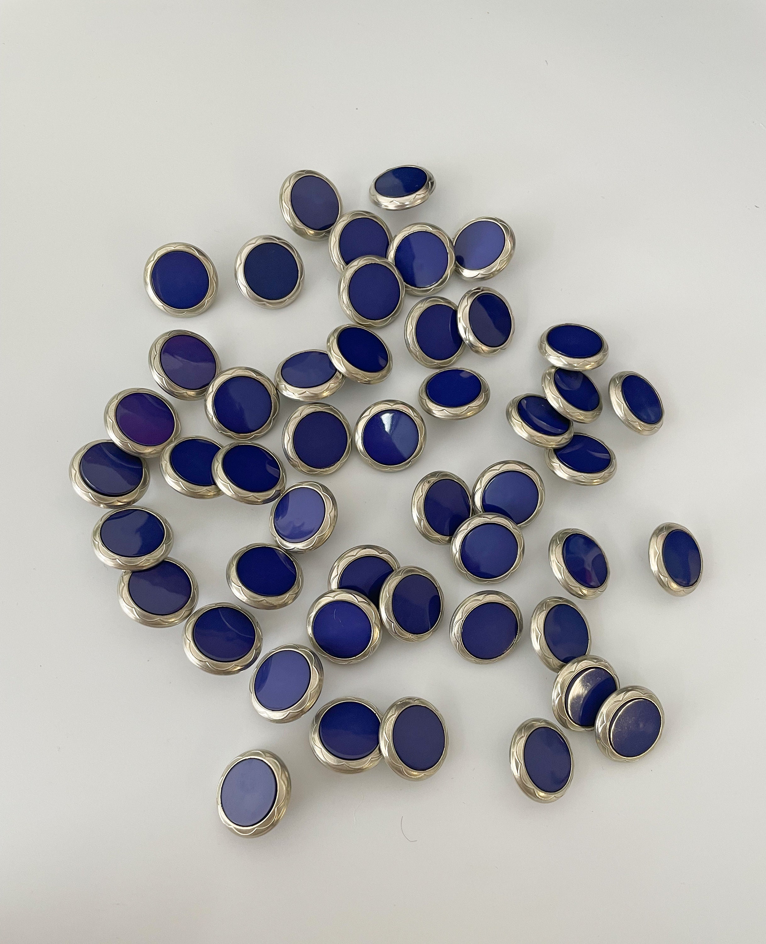 Set of 12 Deadstock Blue and Silver Buttons, Round, Circular, Shank at ...