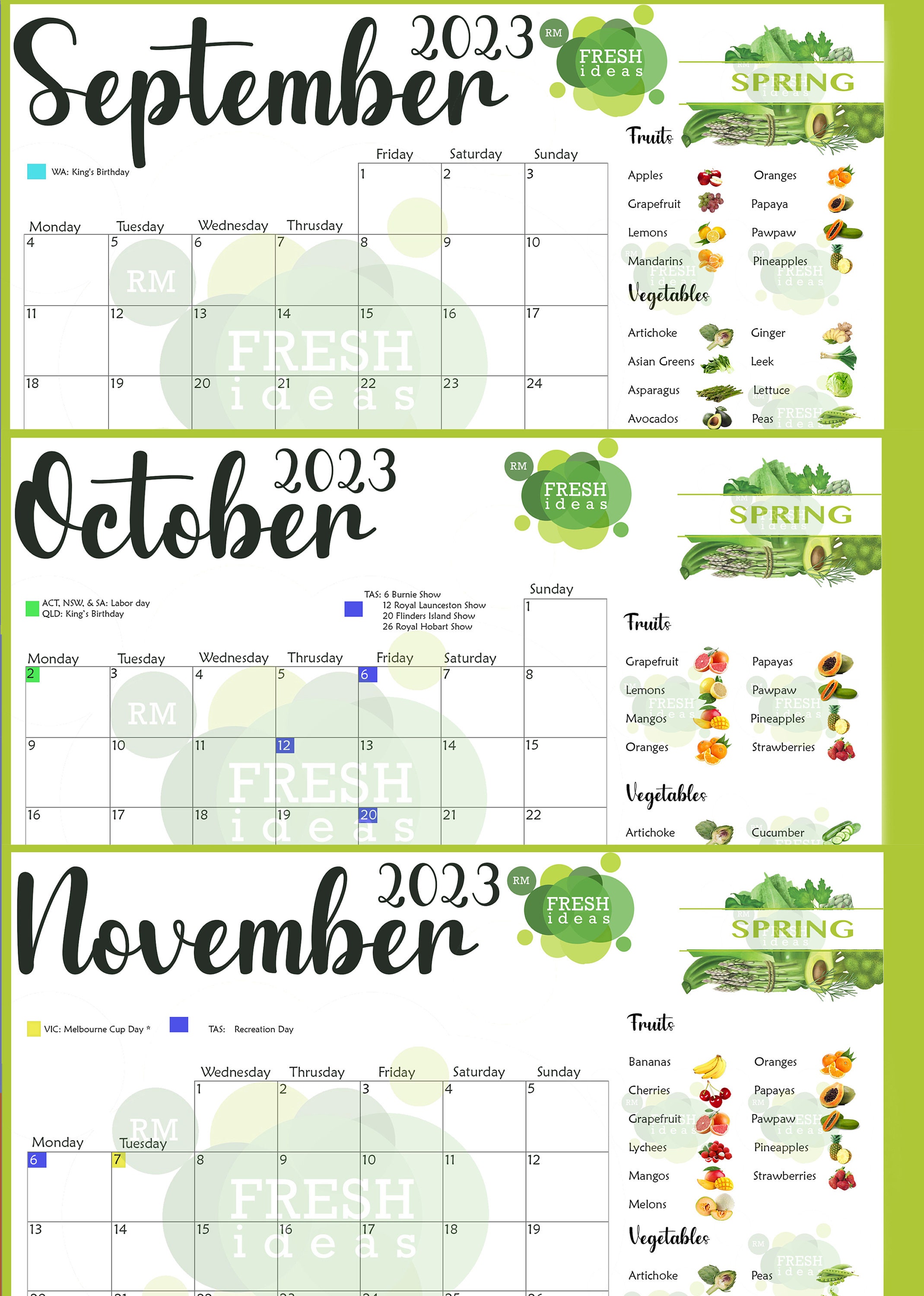 Monthly Seasonal Calendar Australia 2023 Printable Calendar - Etsy ...