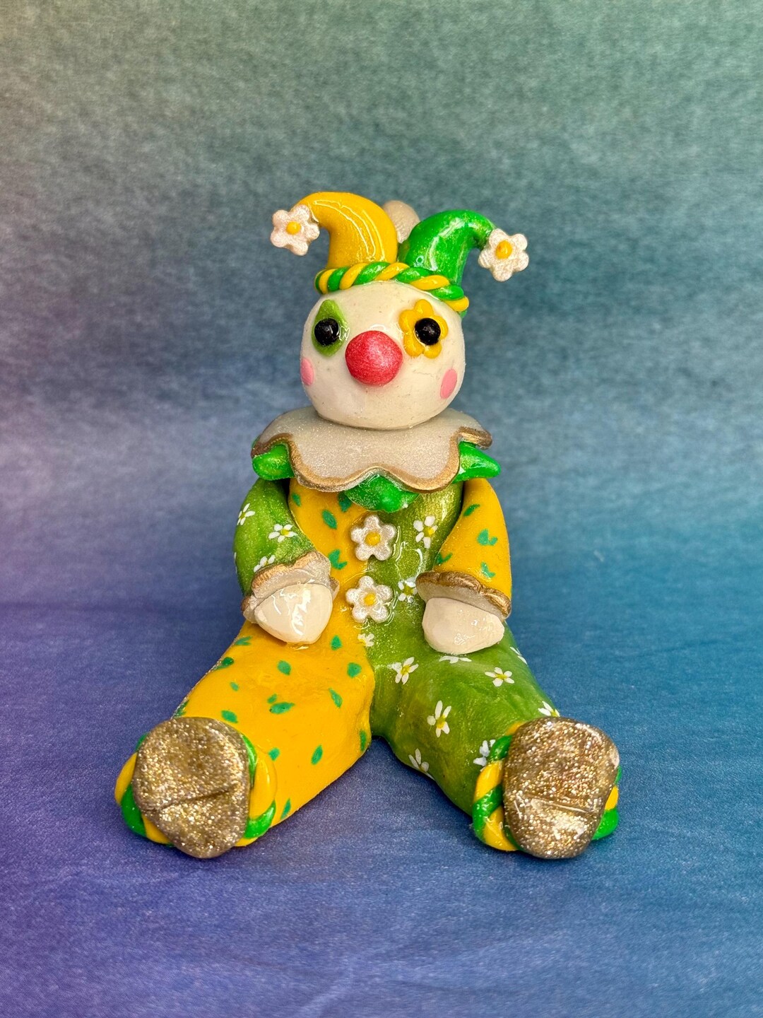 Dandy the Daisy Jester Desk Buddy, One of a Kind Polymer Clay Figurine ...