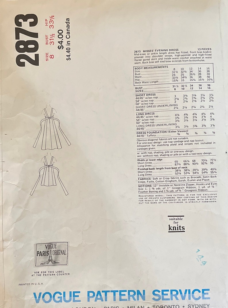 1970s Vogue Paris Original 2873. Givenchy. Size 8 Bust 31.5 Hip 33.5 ...