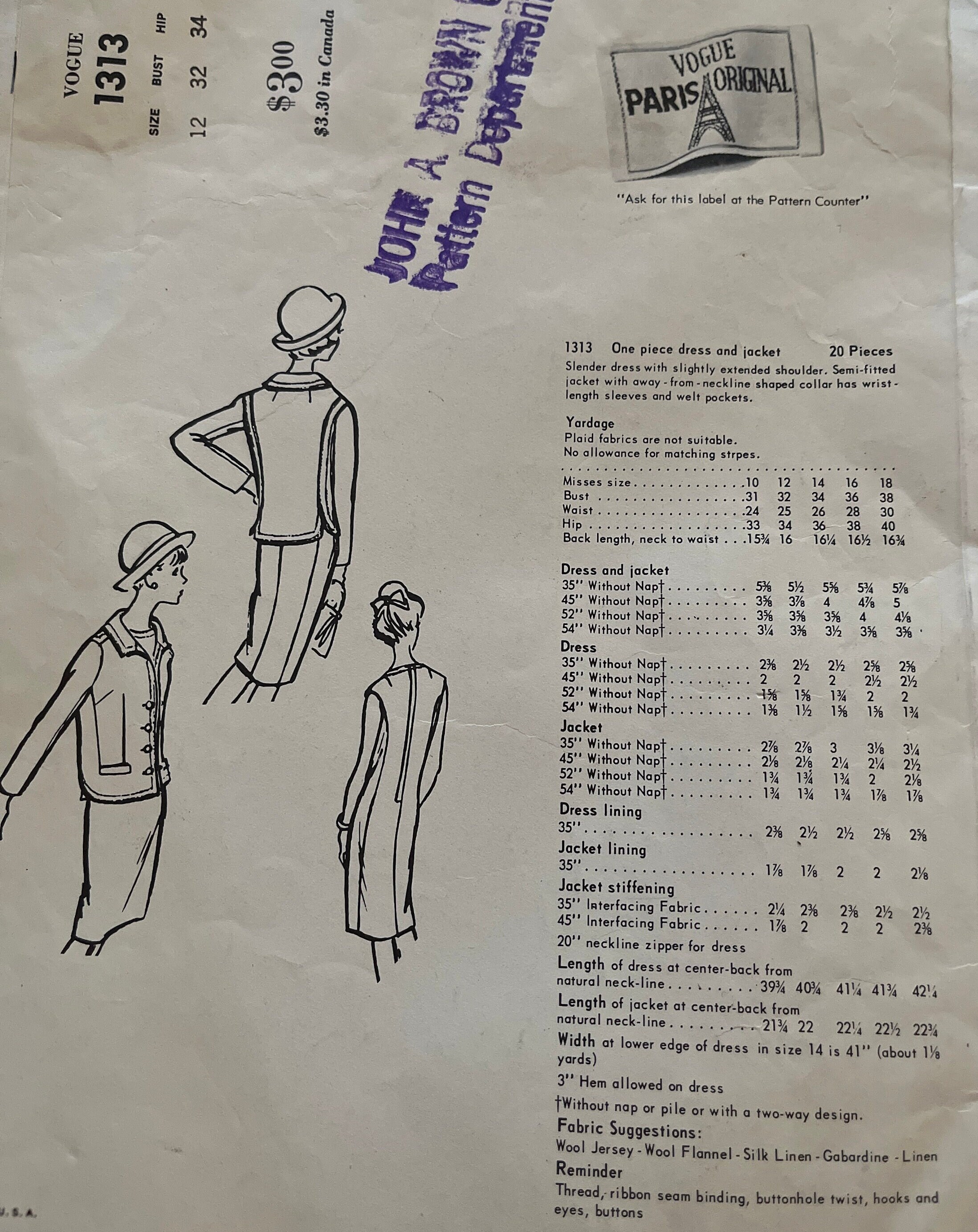 1960s Vogue Paris Original 1313. Circa 1964. Ninna Ricci. Size 12. Bust ...