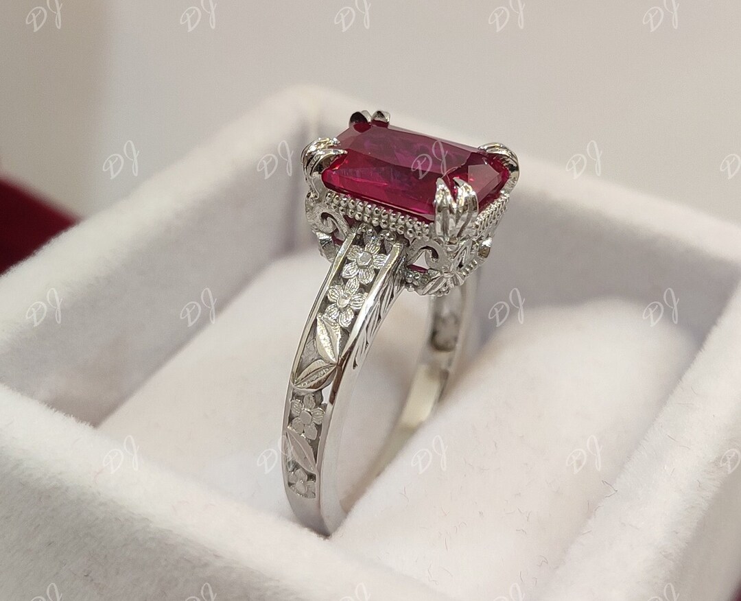Vintage 2.30ct Red Radiant Cut Ruby Engagement Ring in 925 Sterling ...