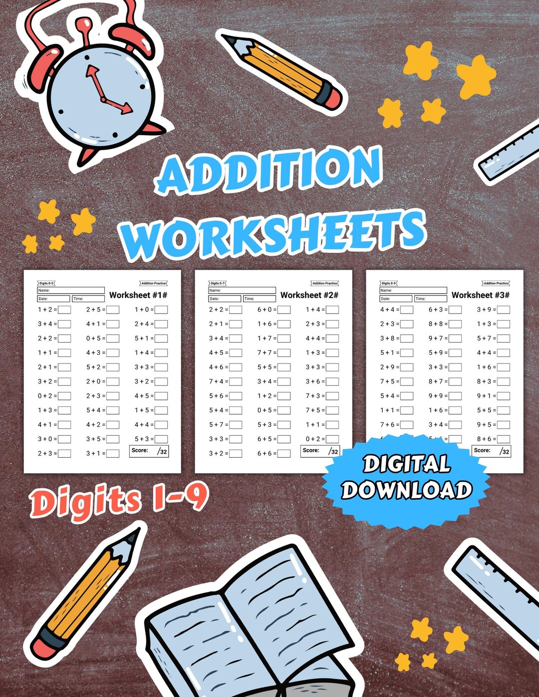Addition Practice Worksheets for Kindergarten, 1st Grade | Digits 1-9 ...