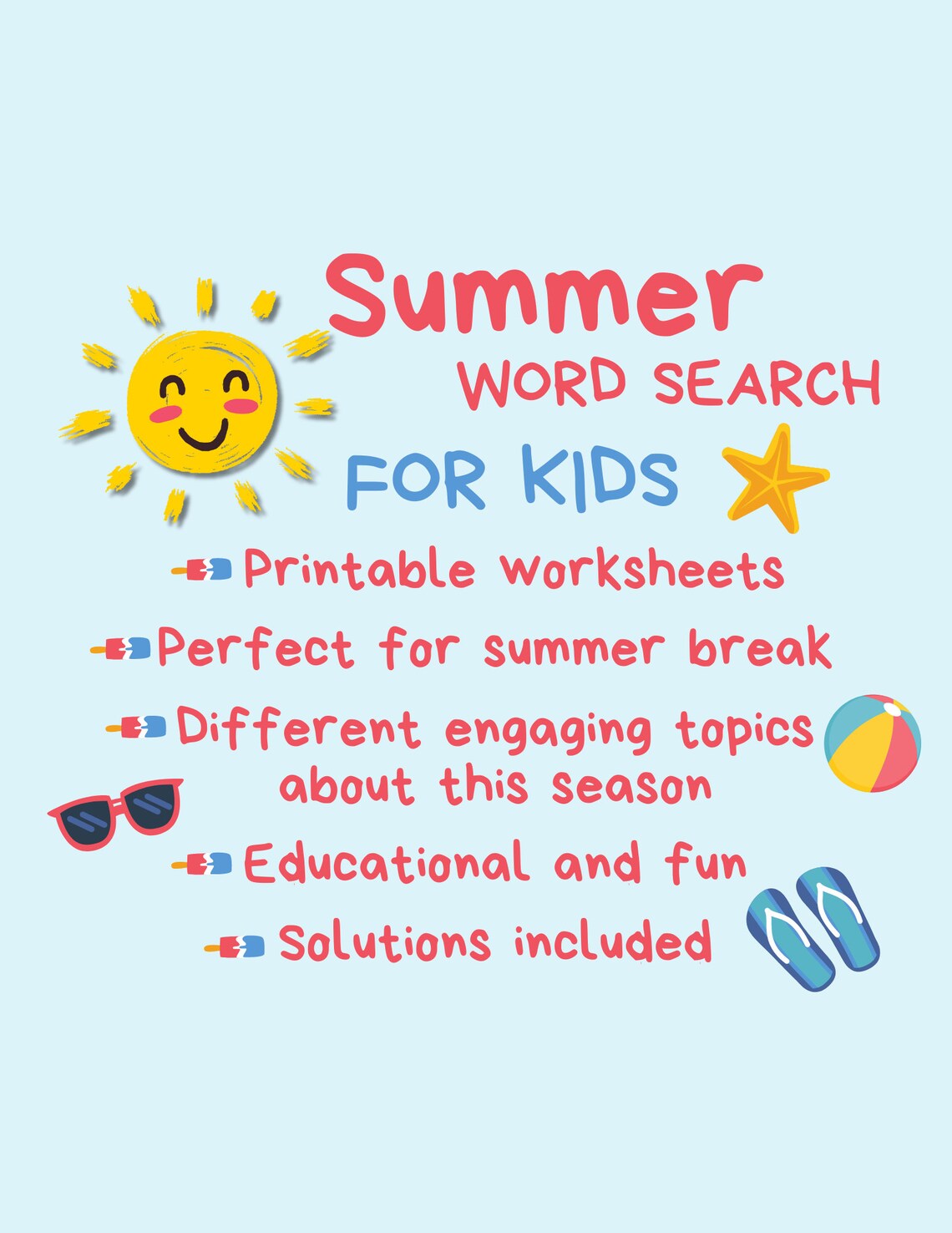 Summer Word Search for Kids, Printable Worksheets for Children, Summer ...