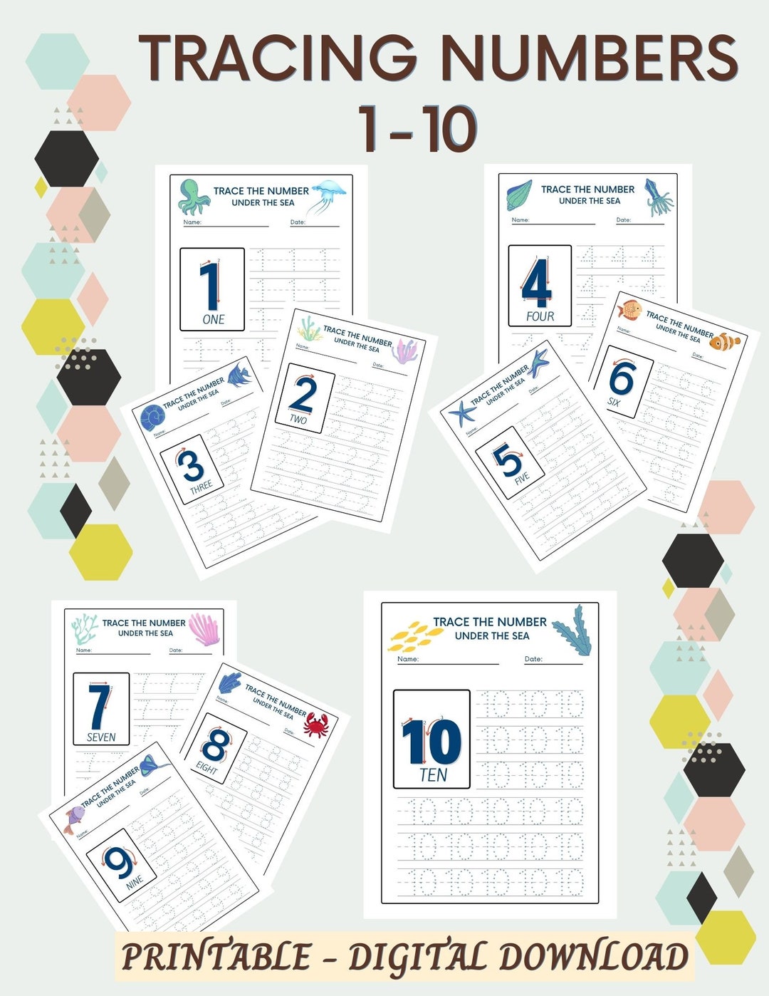 Trace the Numbers 1 to 10 Kids Printable Worksheets - Etsy