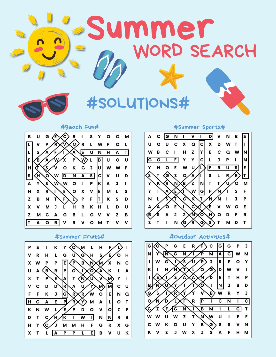 Summer Word Search for Kids, Printable Worksheets for Children, Summer ...