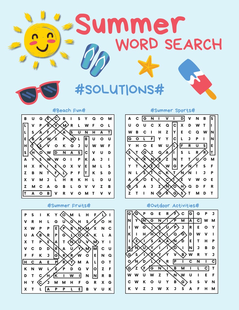 Summer Word Search for Kids, Printable Worksheets for Children, Summer ...