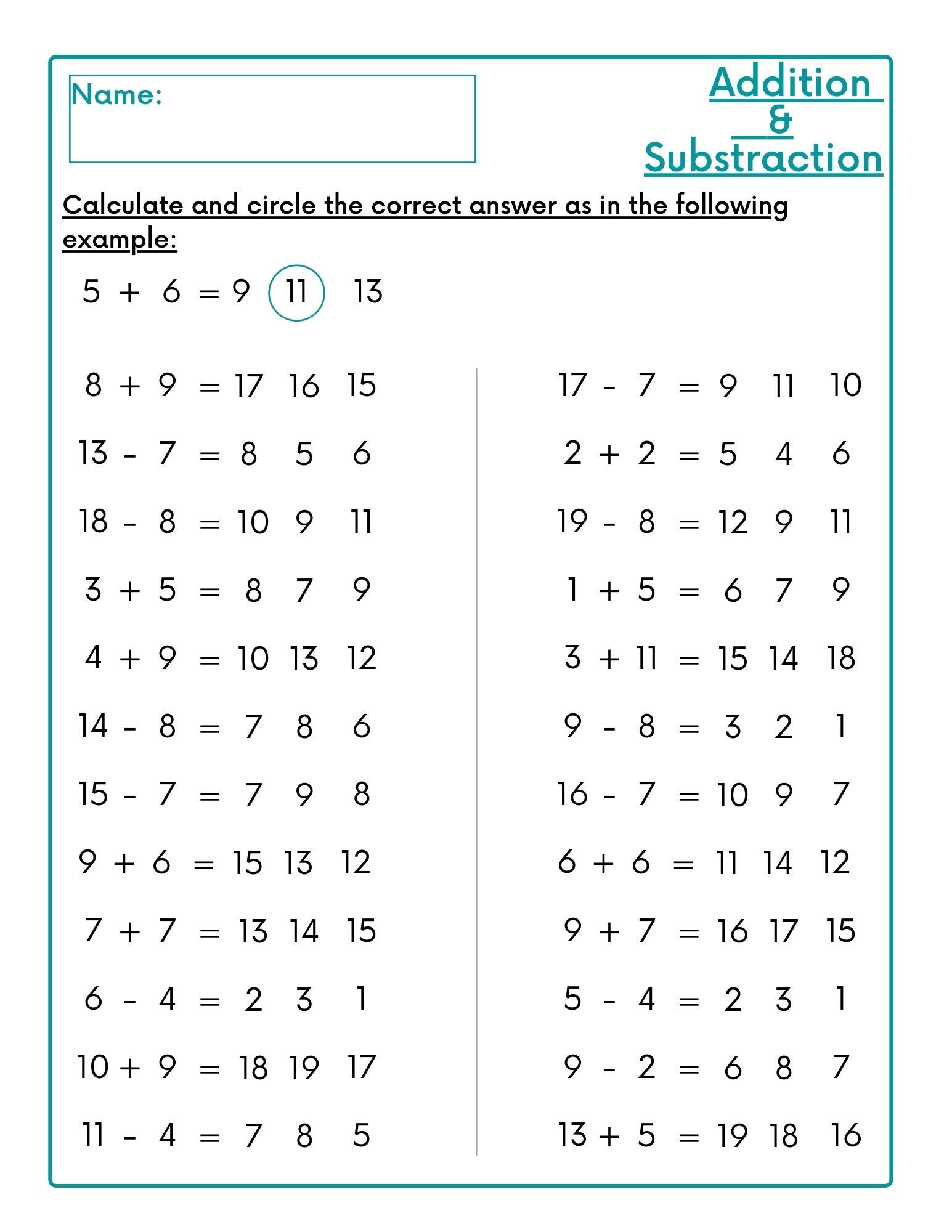 Addition and Subtraction Worksheets Printable 1st Grade Kindergarten ...