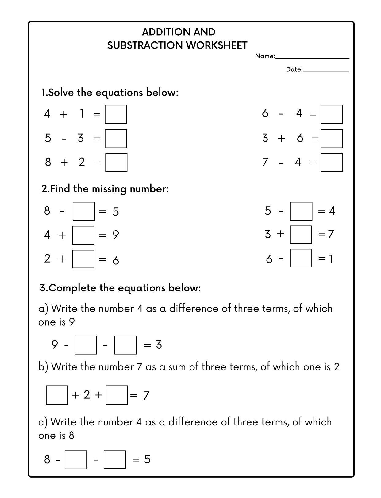 Addition and Subtraction Practice for Kindergarten, 1st Grade ...