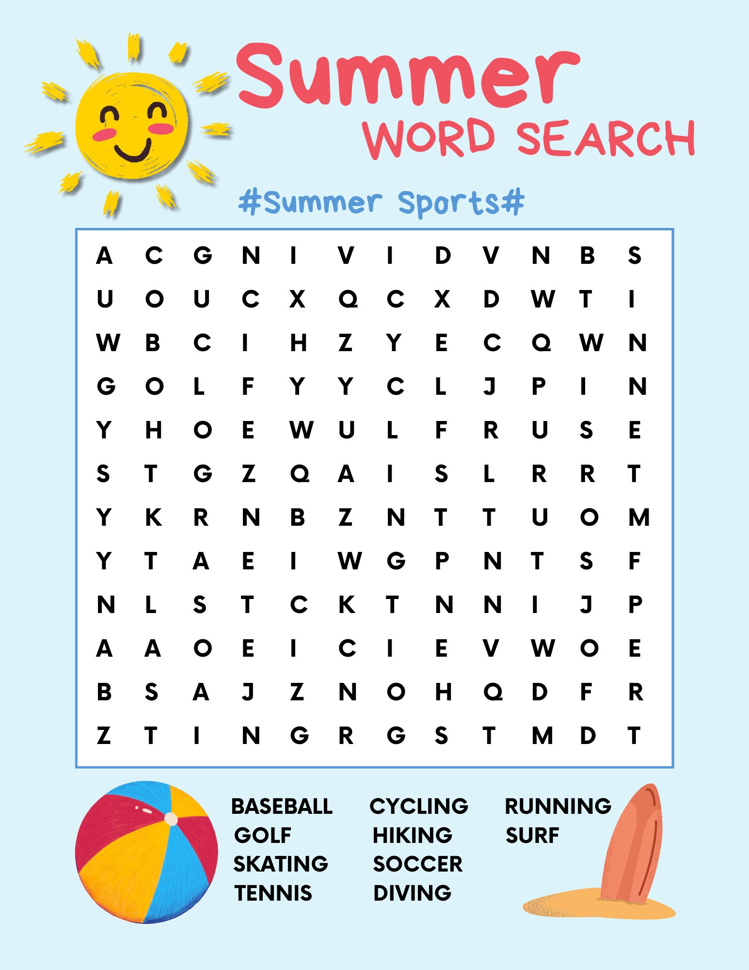 Summer Word Search for Kids, Printable Worksheets for Children, Summer ...