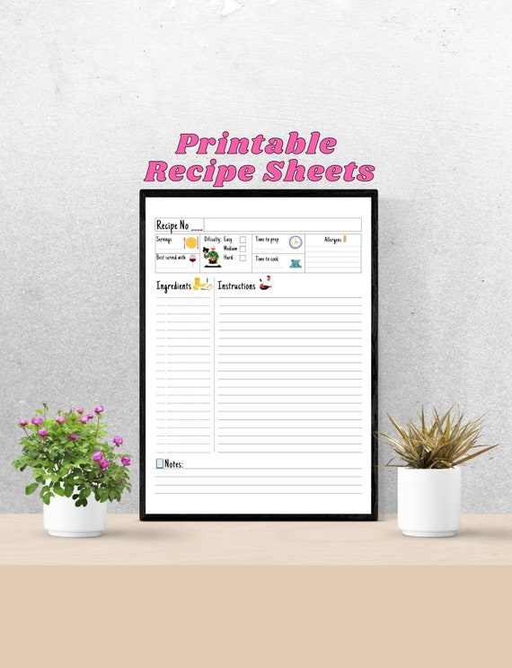 Printable Recipe Sheets Recipe Sheet for Meal Planners | Etsy