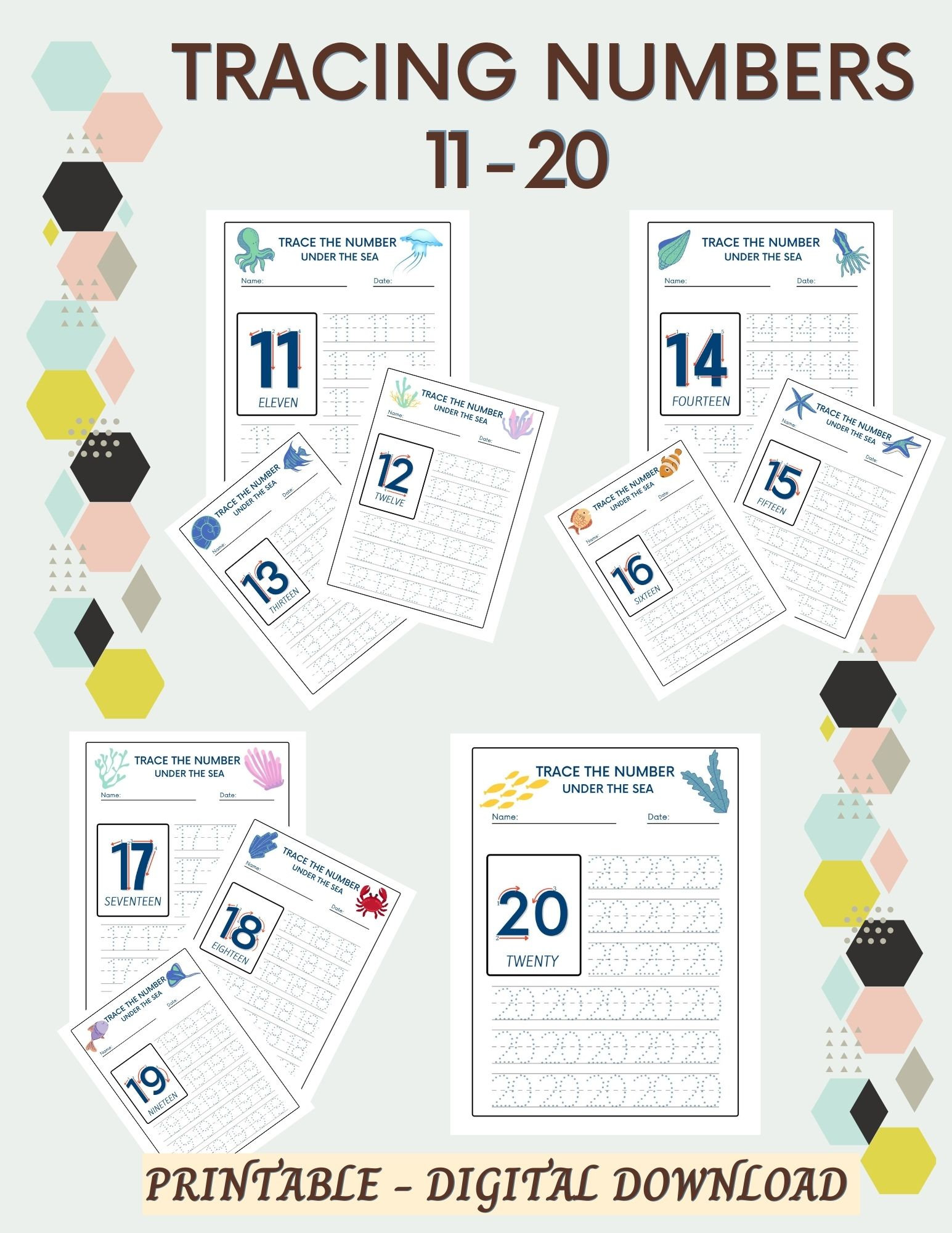 Trace the Numbers 11 to 20 Kids Printable Worksheets - Etsy