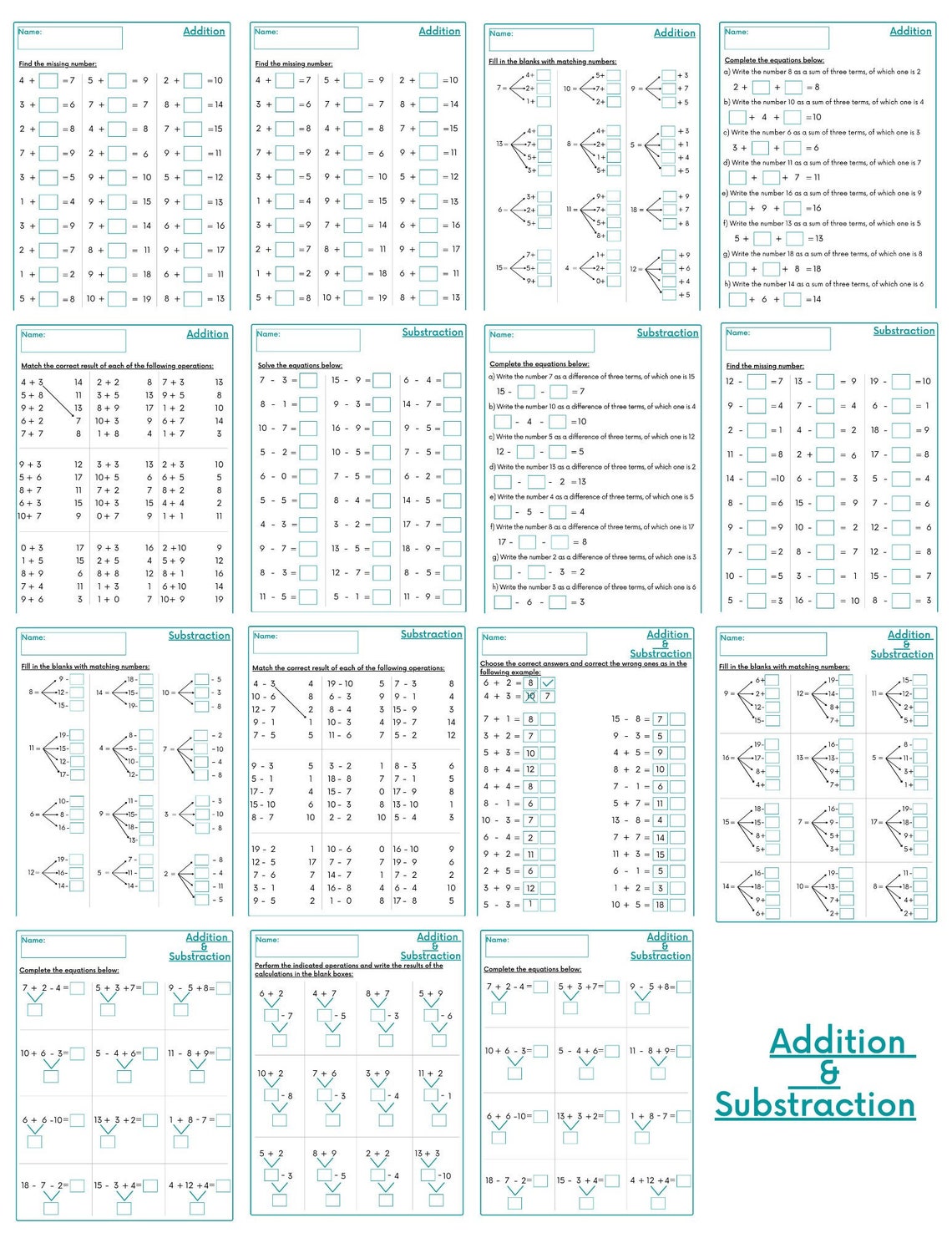 Addition and Subtraction Worksheets Printable 1st Grade Kindergarten ...