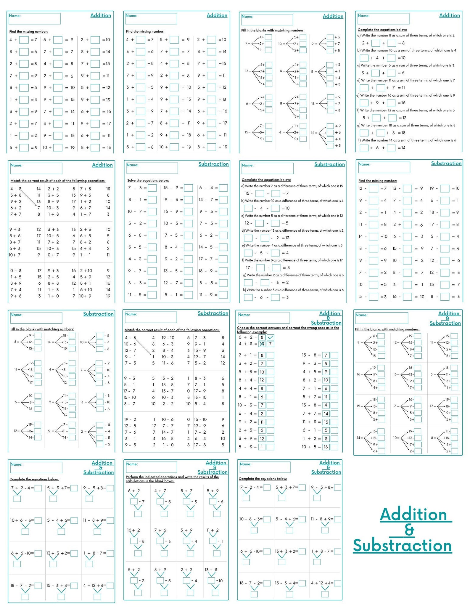 Addition and Subtraction Worksheets Printable 1st Grade Kindergarten ...