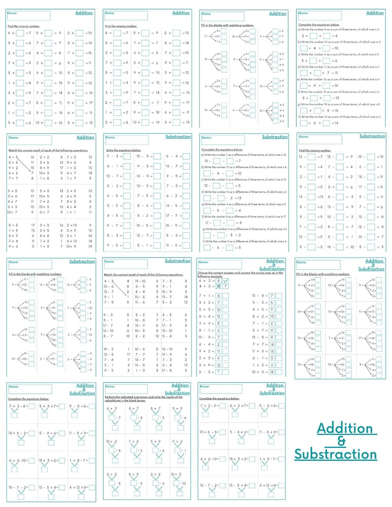Addition and Subtraction Worksheets Printable 1st Grade Kindergarten ...