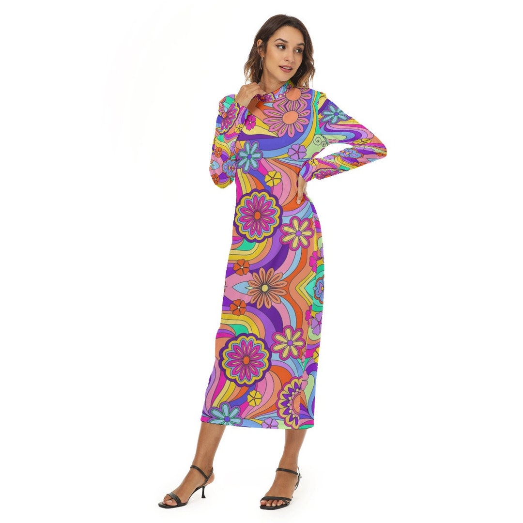 60s 70s Flower Power Vibes Psychedelic Women's Long Sleeve Hip Dress Hippie Dress Retro Boho ...