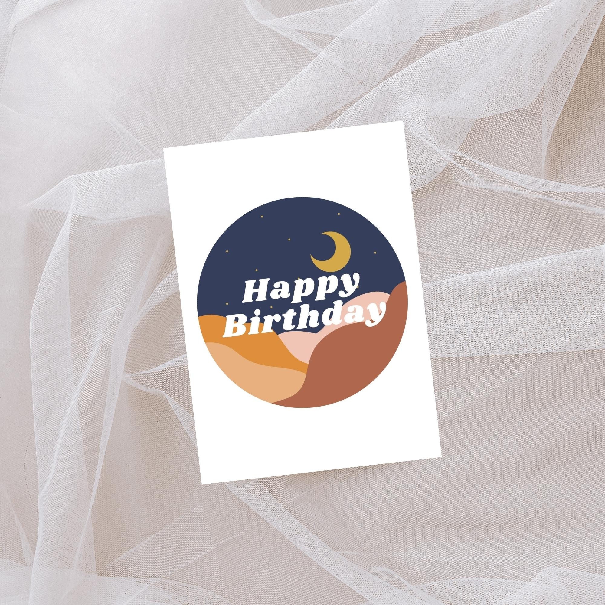 Midnight Scene Birthday Card, Mountains Landscape Illustration ...