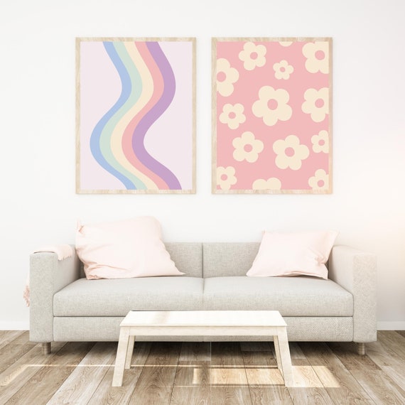 Retro Danish Pastel Set of 2 Wall Art Floral Rainbow Poster - Etsy
