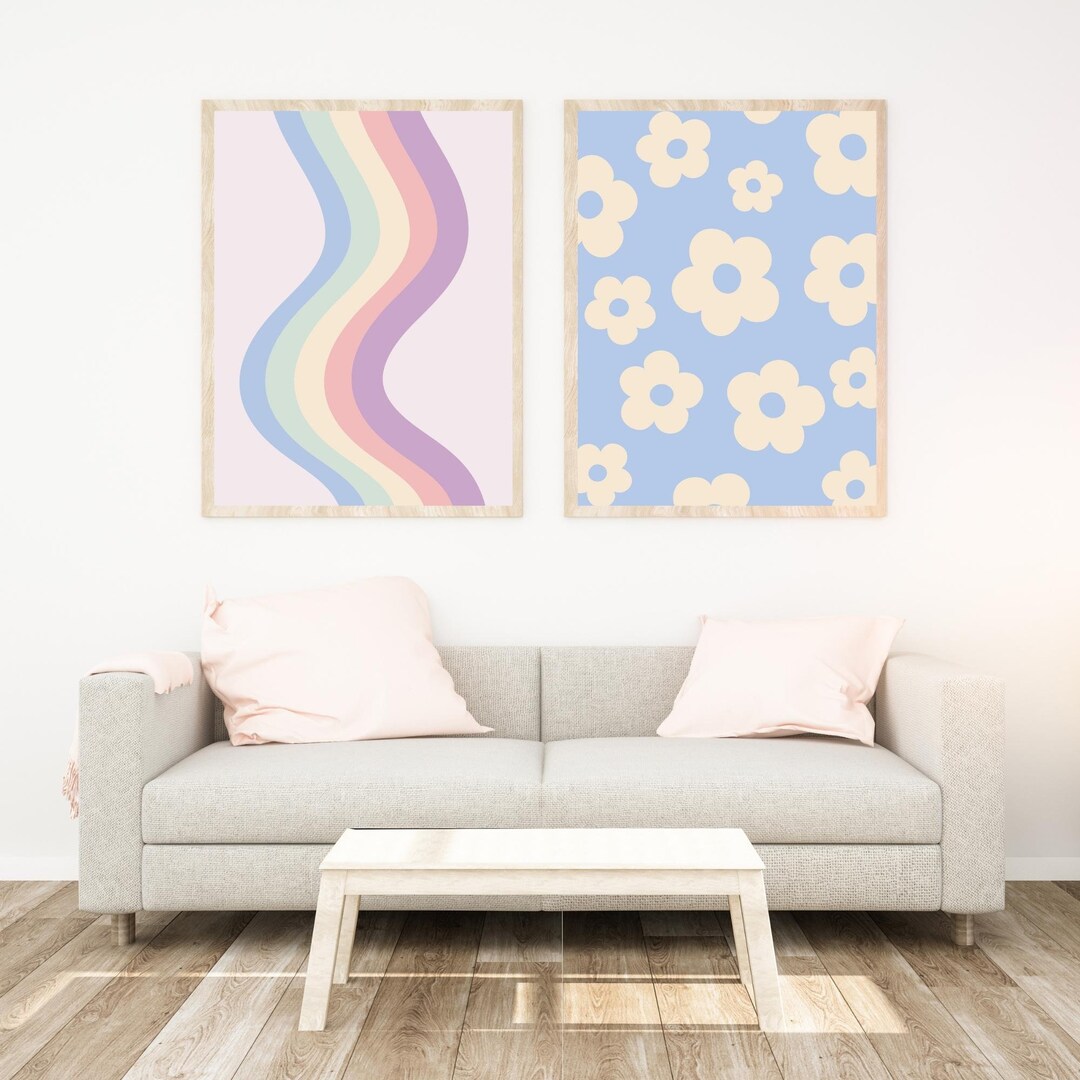 Retro Danish Pastel Set of 2 Wall Art, Floral Rainbow Poster, Abstract ...