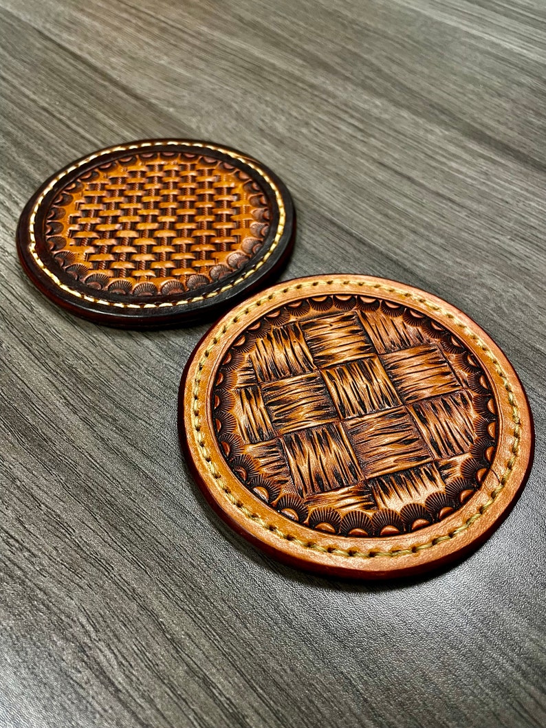 Custom Handmade Leather Coasters and Holder. - Etsy
