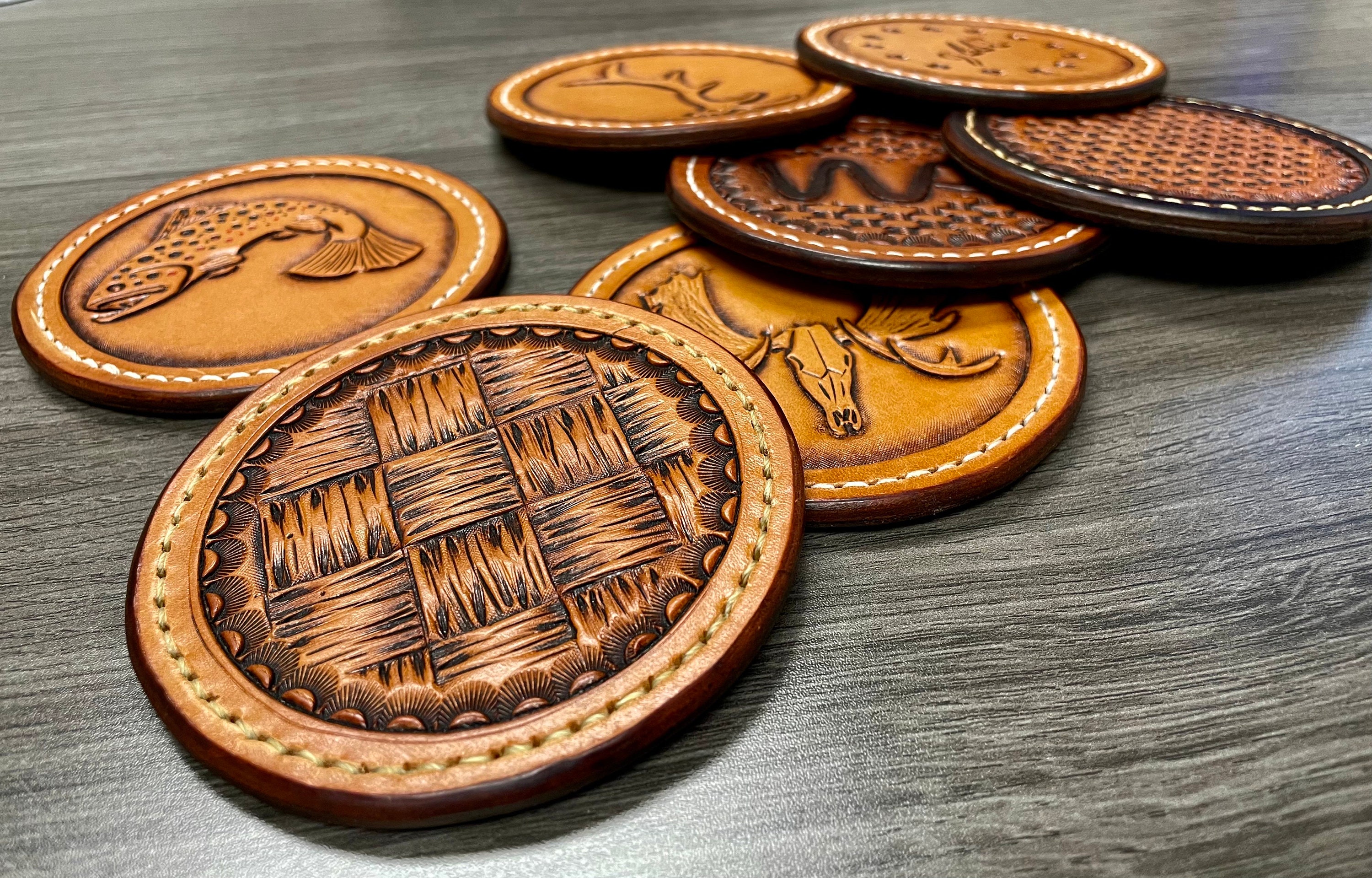 Custom Handmade Leather Coasters and Holder. - Etsy