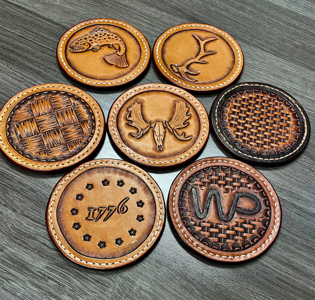 Custom Handmade Leather Coasters and Holder. - Etsy