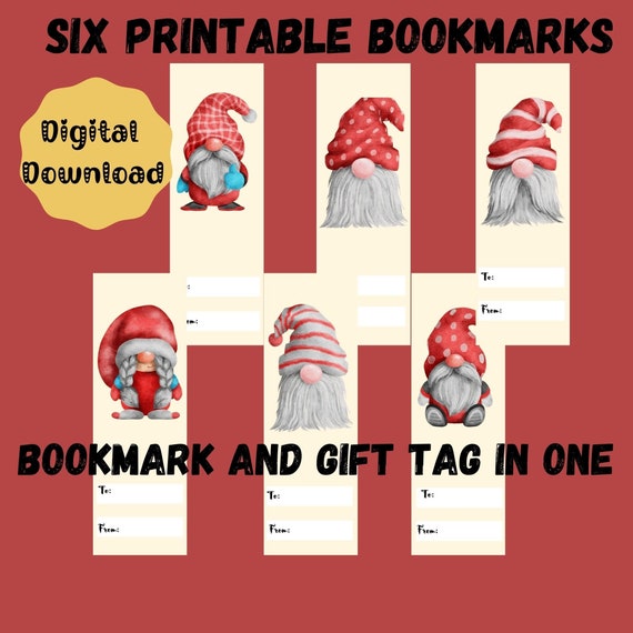 SIX Gnome Printable Bookmarks and Gift Tags. A Bookmark and a | Etsy