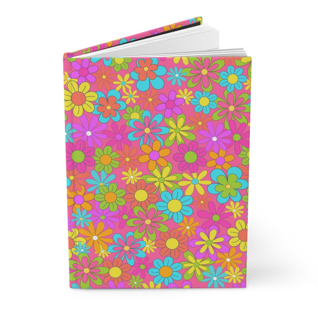 Retro Flower Power Hard Cover Notebook, 70s Colorful Daisies, Boho ...