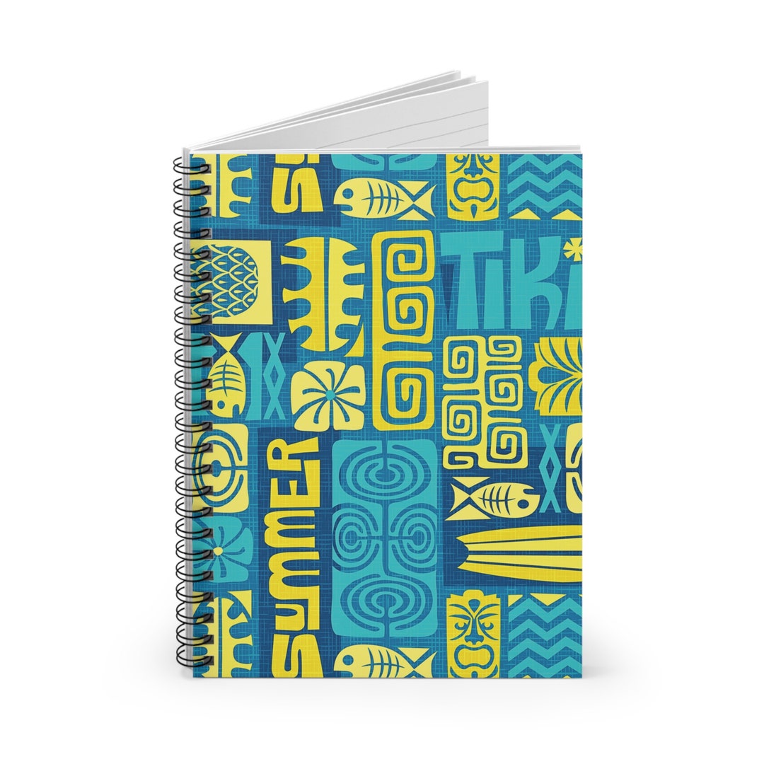 Retro Tiki Style Spiral Bound Notebook, Teal, Yellow and Blue, Hawaiian ...