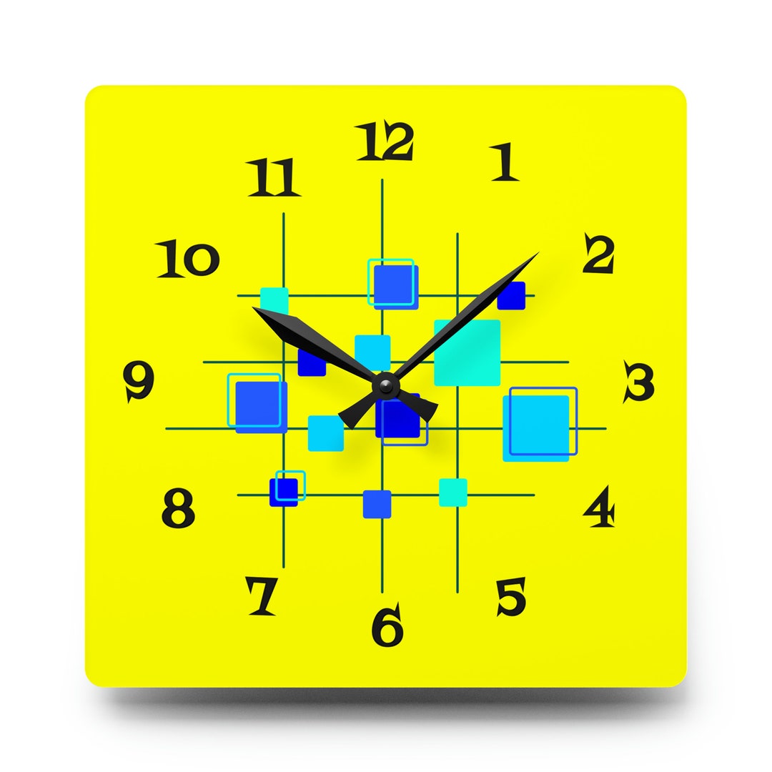 Yellow and Blue Mid-century Modern Wall Clock, Retro Geometric Acrylic ...