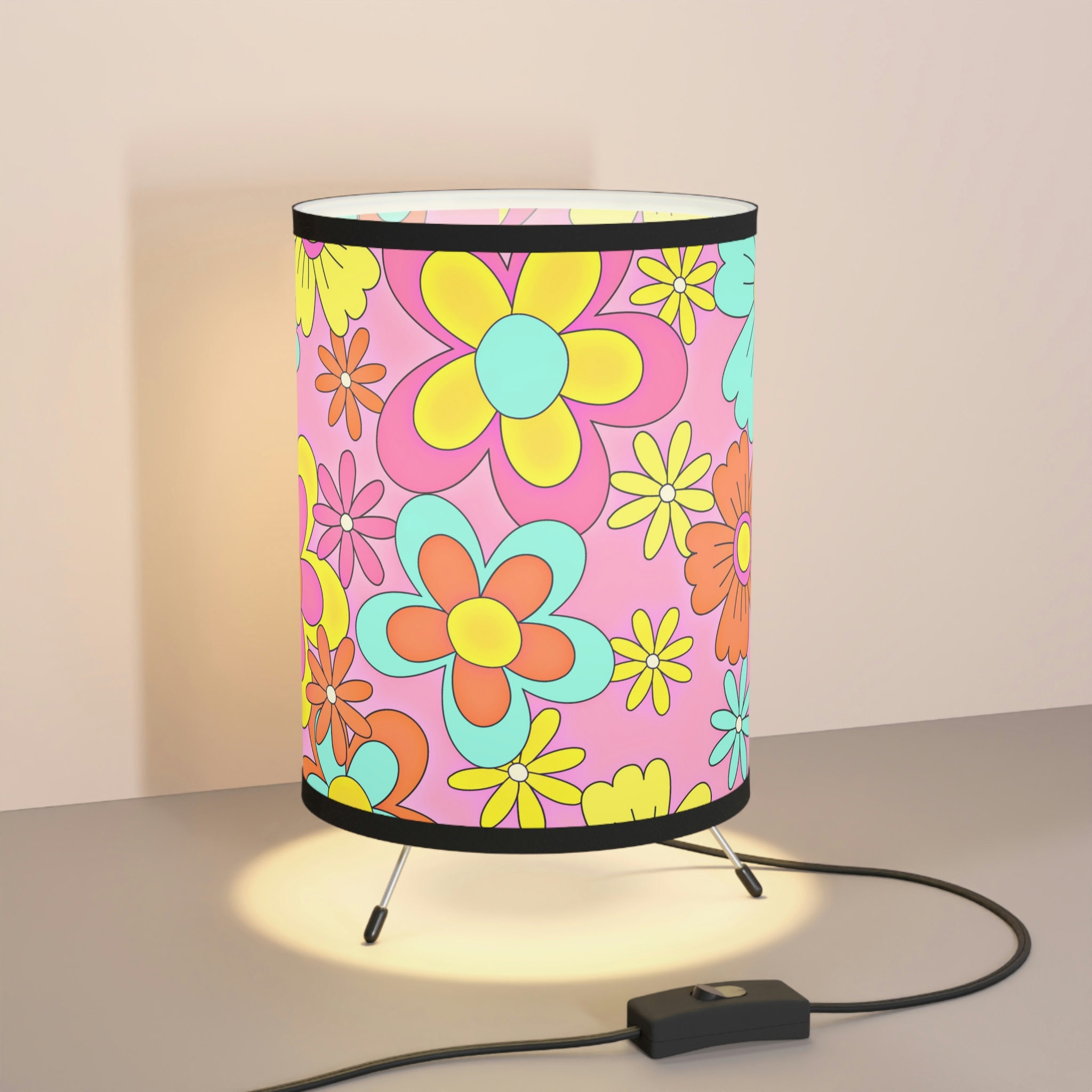 70's Retro Daisy Tripod Lamp, Groovy Hippie Flowers Pink Blue Yellow ...