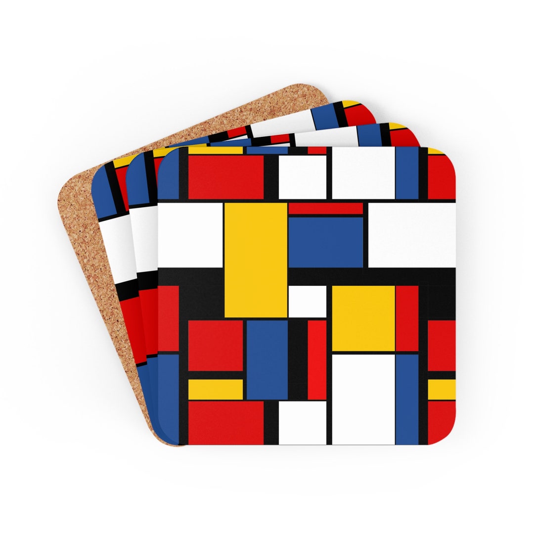 4-piece Piet Mondrian Coaster Set, Corkwood Bar Coasters, Modern Art ...