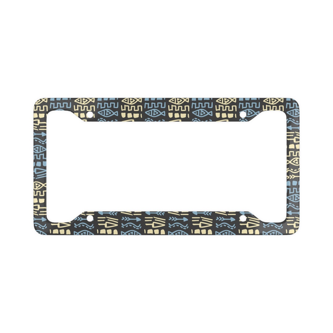 Tiki Batik License Plate Frame, Steel Blue Beige Motifs on Black ...