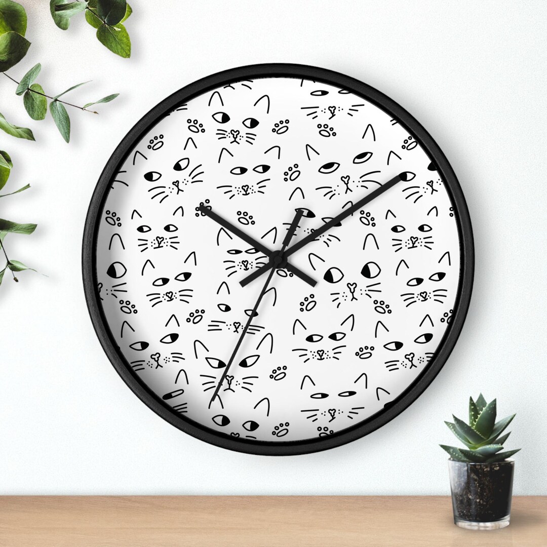 Cute Doodle Cat Faces Wall Clock, Kitty Art Decor, Meow Clock, Sweet ...