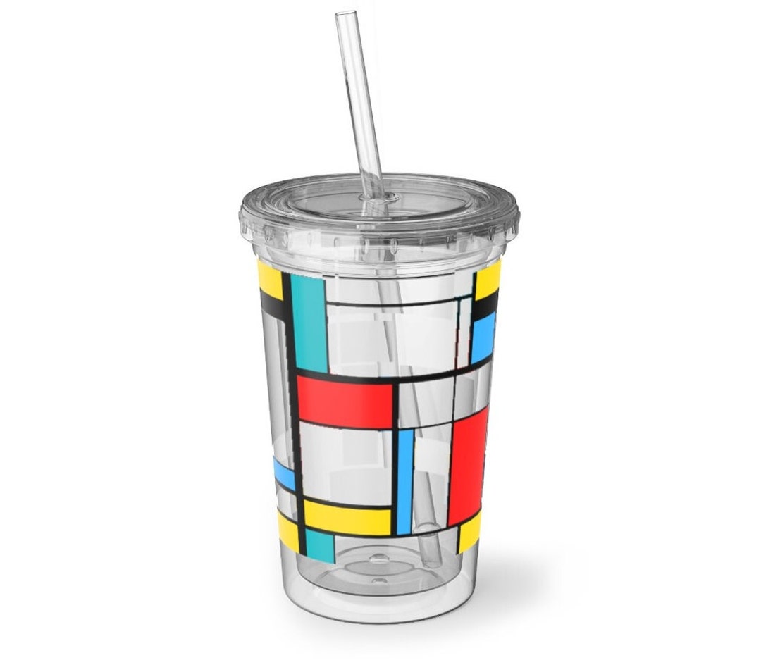 16 Oz Bright Mondrian Reusable Drink Cup With Lid + Straw, Cold Drink ...