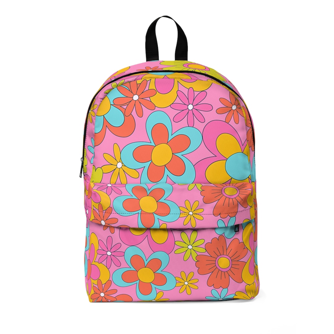 Retro Style Flower Power Backpack, 70's Yellow Blue Daisies on Pink ...
