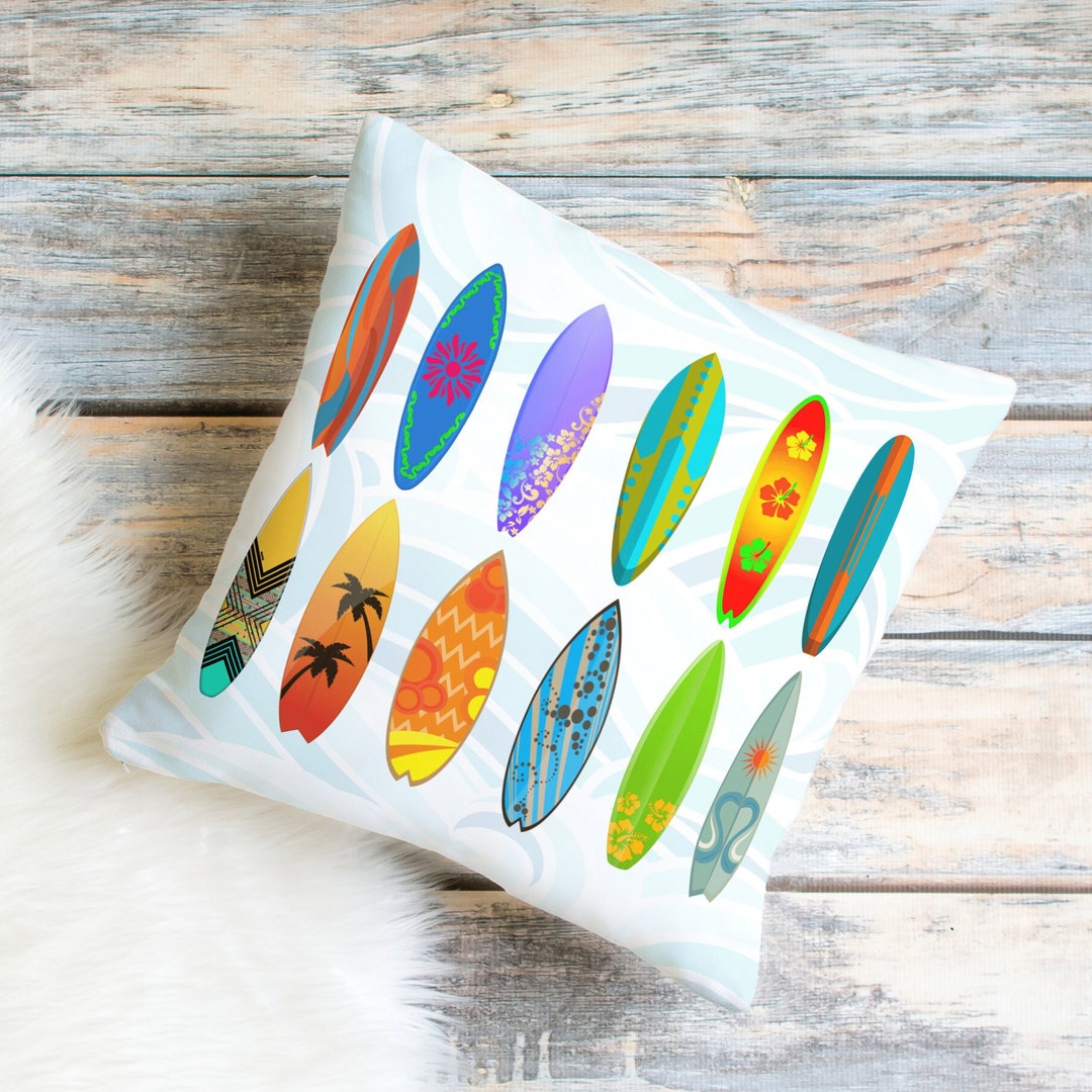 Surfboard Pillow Cover & Insert, Beachhouse Cushion, Ocean Surfing ...