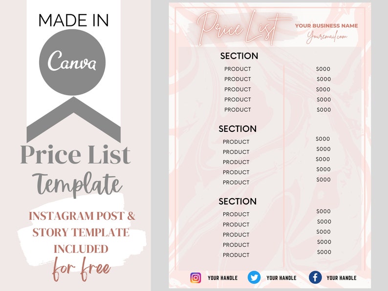 Editable Price List Template, Printable Price Sheet, Instagram Post ...