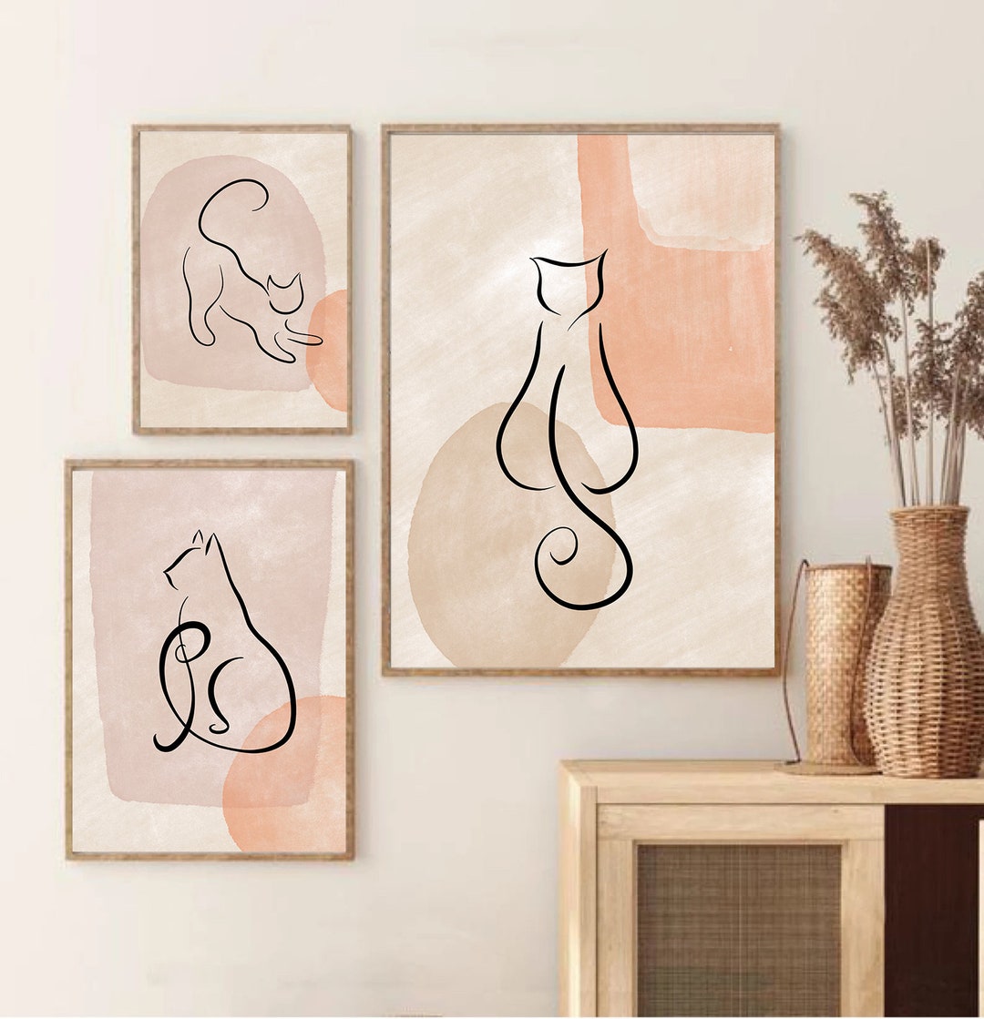 Set of 3 Neutral Wall Art Line Art Cats Prints, Downloadable Neutral ...