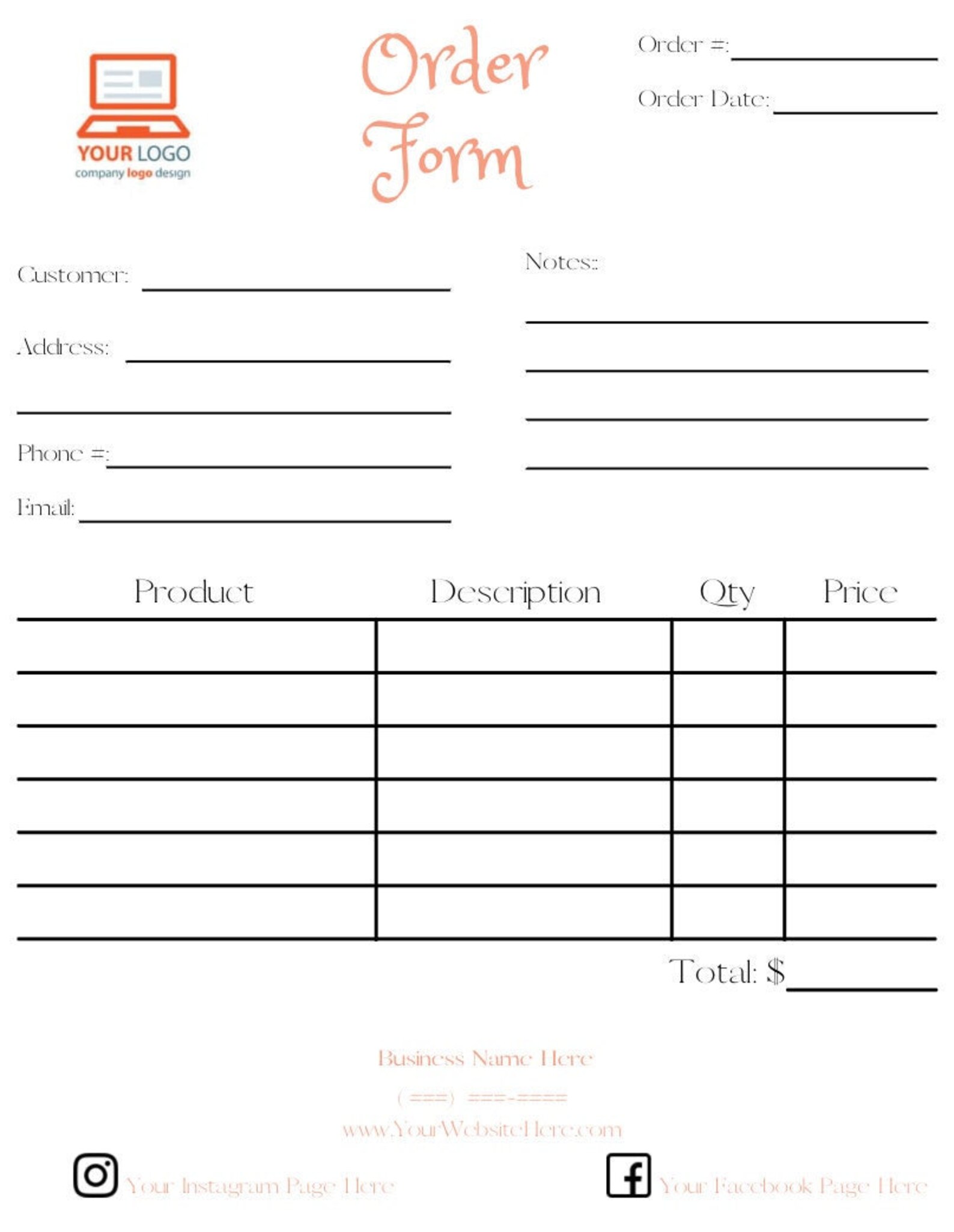 Editable Order Form - Edit in Canva - Digital Download - Etsy
