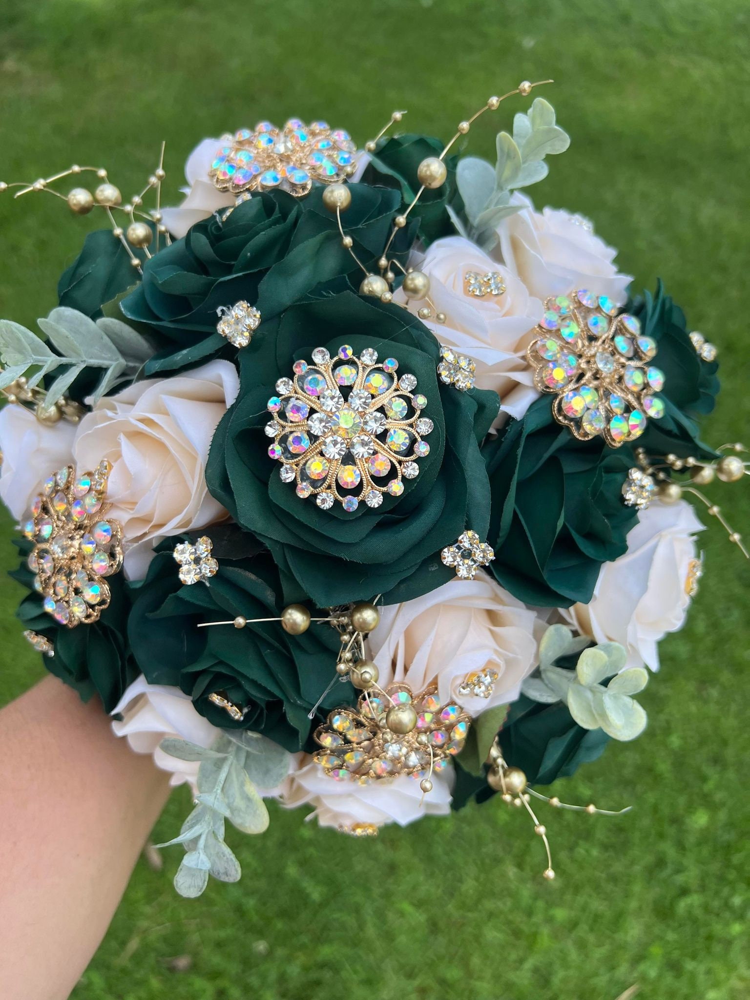 Emerald Green, Gold and Champagne Bouquet - Etsy