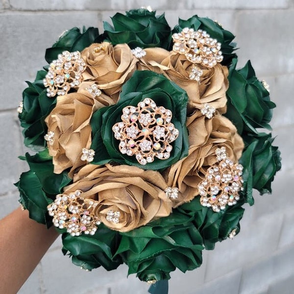 Quinceanera Bouquet Emerald Green and Gold - Etsy