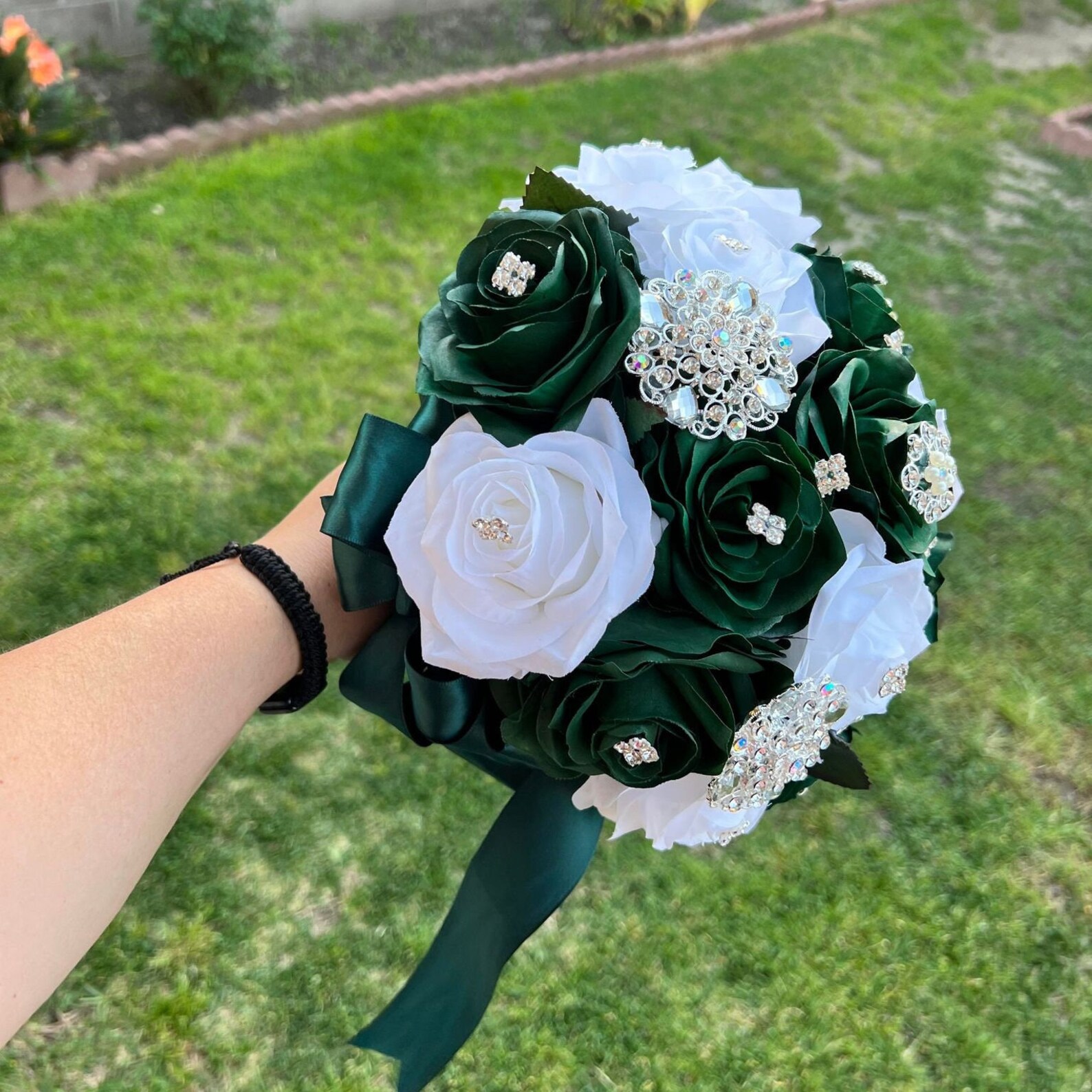 White and Emerald Green Bouquet | Etsy