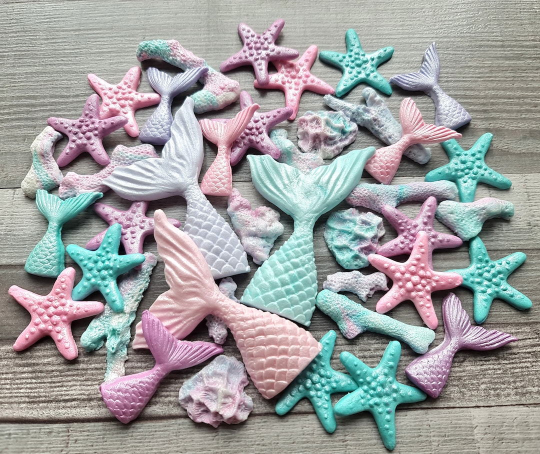 Edible Mermaid Tail Cake Toppers – Fondant Shells, Starfish & Coral ...