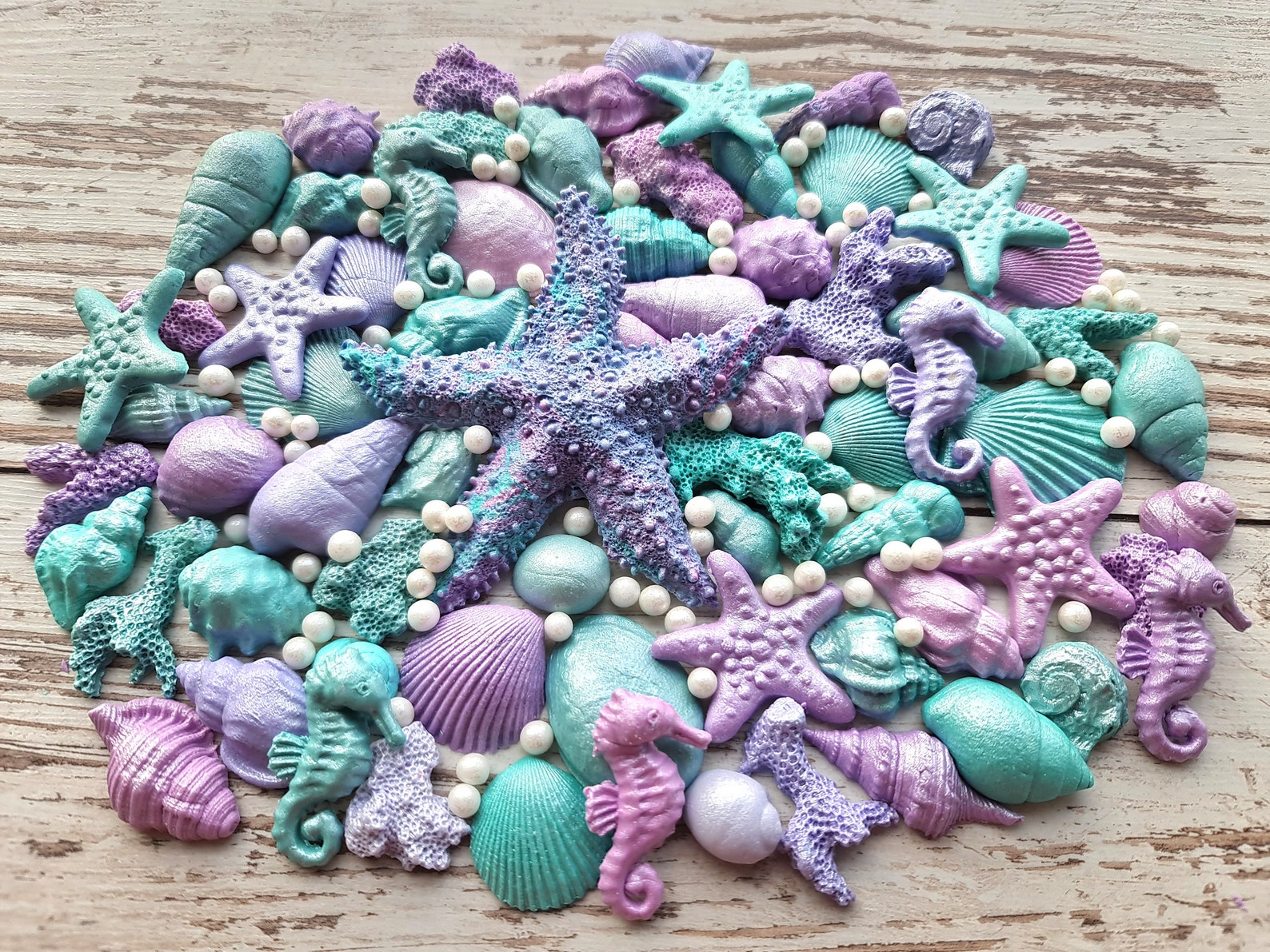 46 Pcs. Sugar Fondant Shells Starfishes Pearls Cake Topper - Etsy