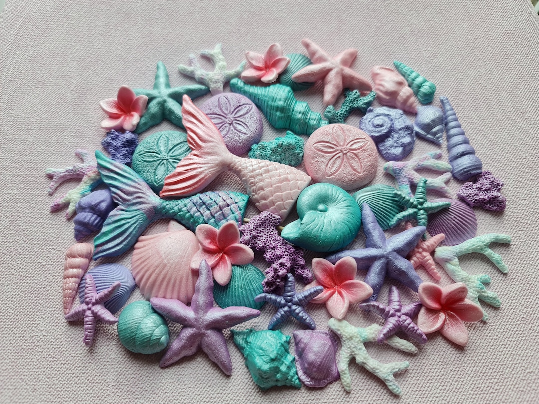 50 Sugar Fondant Sea Life Cake Toppers: Mermaid Tail, Shells, Starfish ...