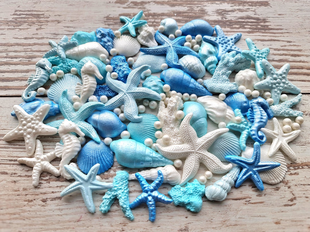55 Pcs. Edible Sugar Seashells, Corals, Seahorses, Pearls Cake Topper ...
