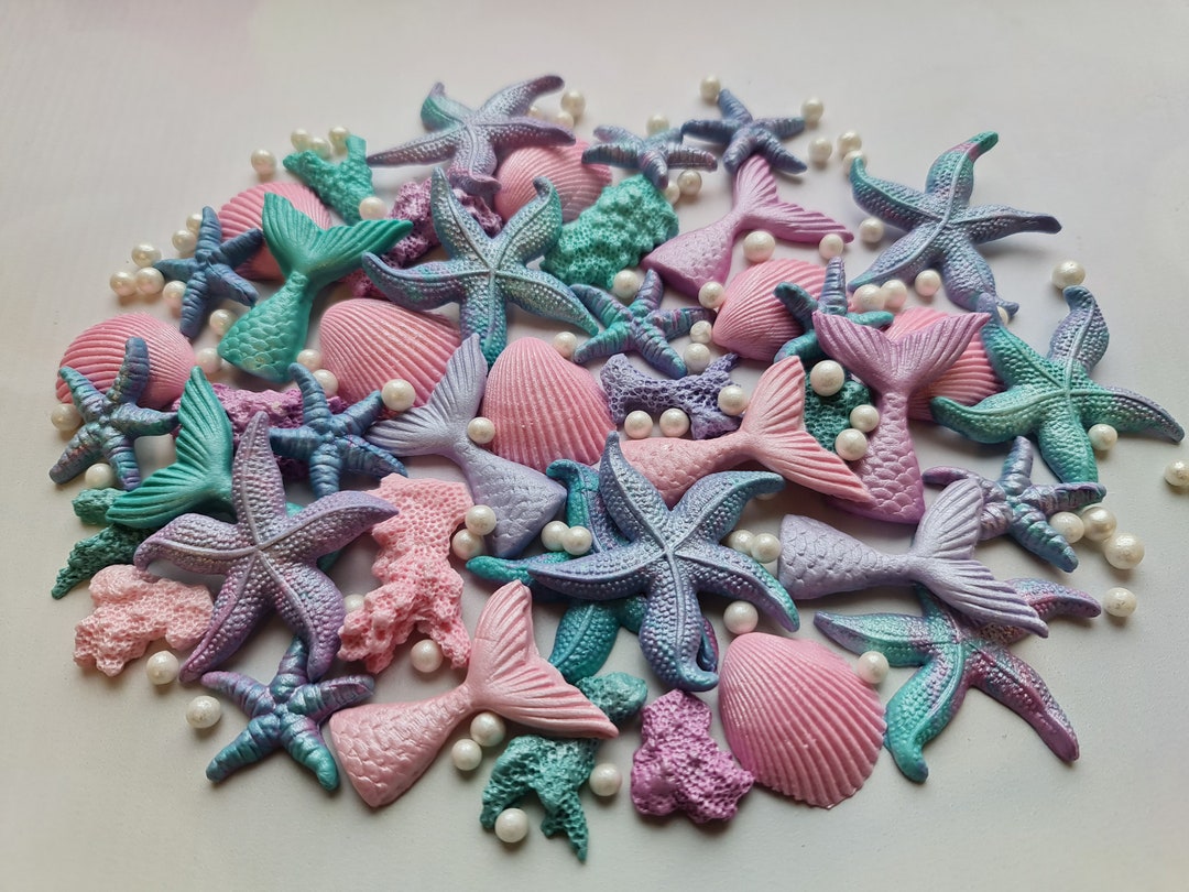 40 Pcs. Sugar Fondant Mermaid Fin, Mermaid Tail, Starfishes, Corals ...